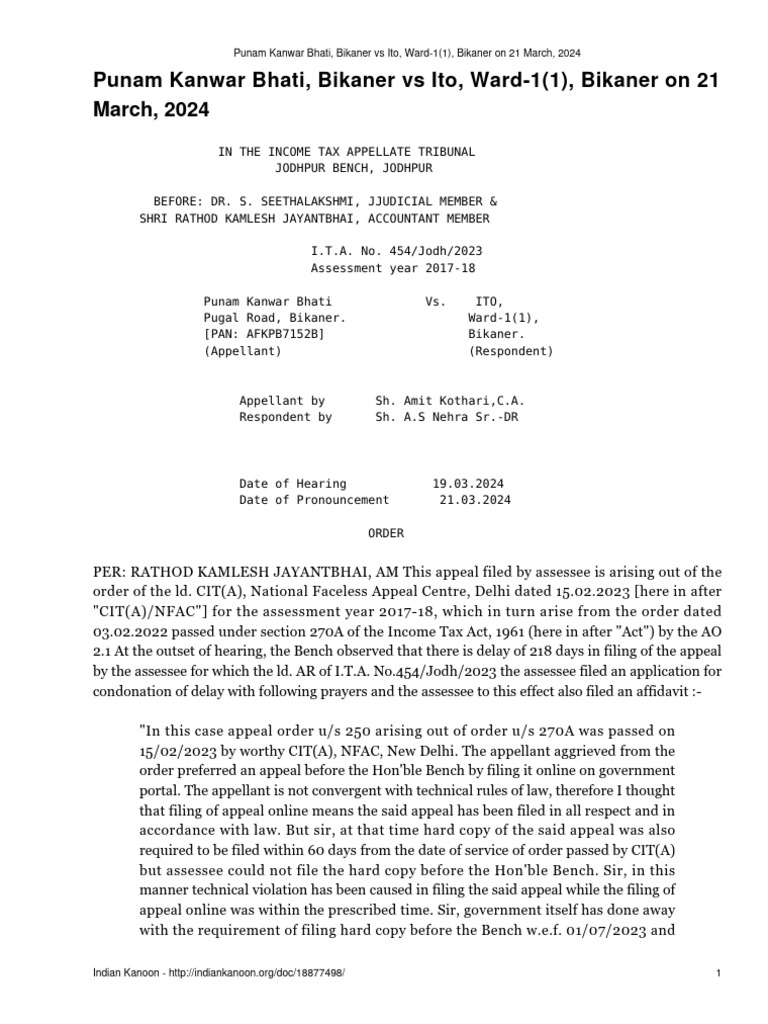 Punam Kanwar Bhati Bikaner Vs Ito Ward 1 1 Bikaner On 21 March 2024 | PDF | Appeal | Judgment (Law)