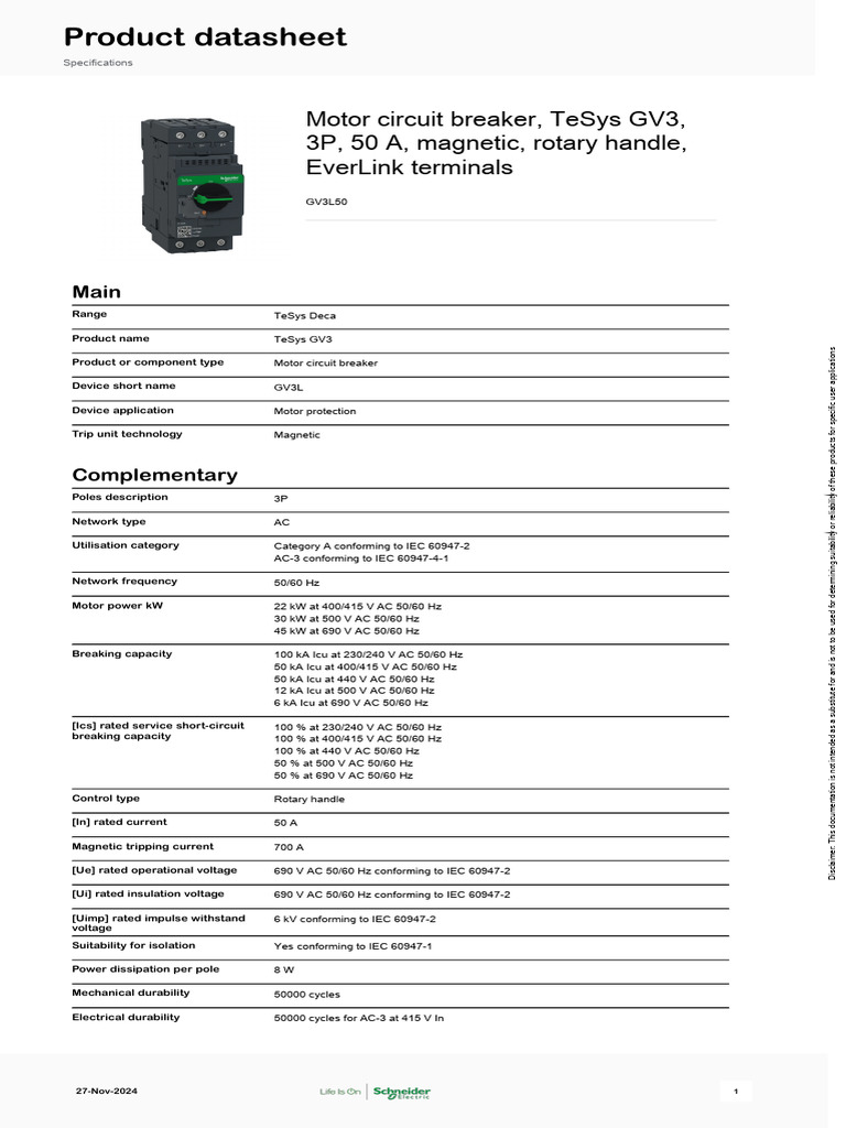 Schneider Electric - TeSys-Deca-frame-3 - GV3L50 | PDF | Alternating ...