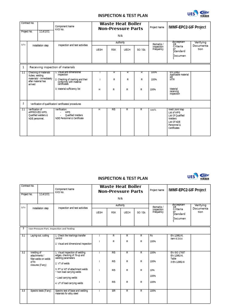 ITP - WHB (Non-Pressure Parts) | PDF | Welding | Construction