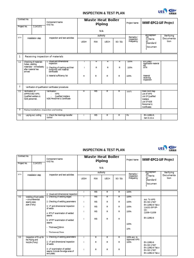 ITP - WHB (Piping) | PDF | Welding | Construction