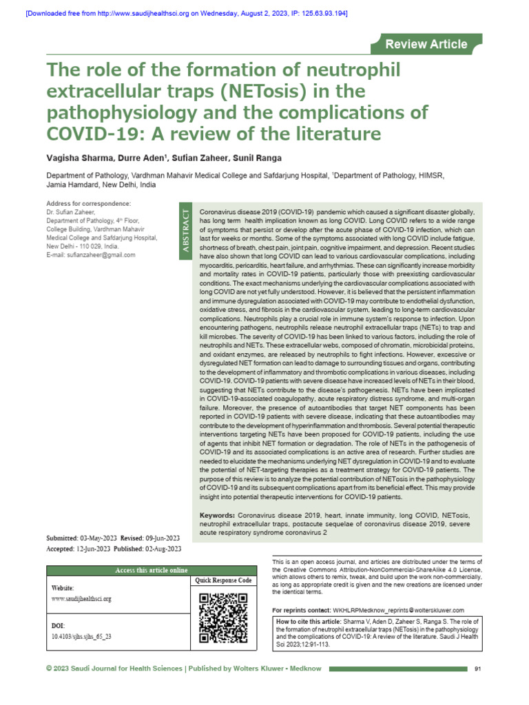 The Role of The Formation of Neutrophil Extracellular Traps in The ...
