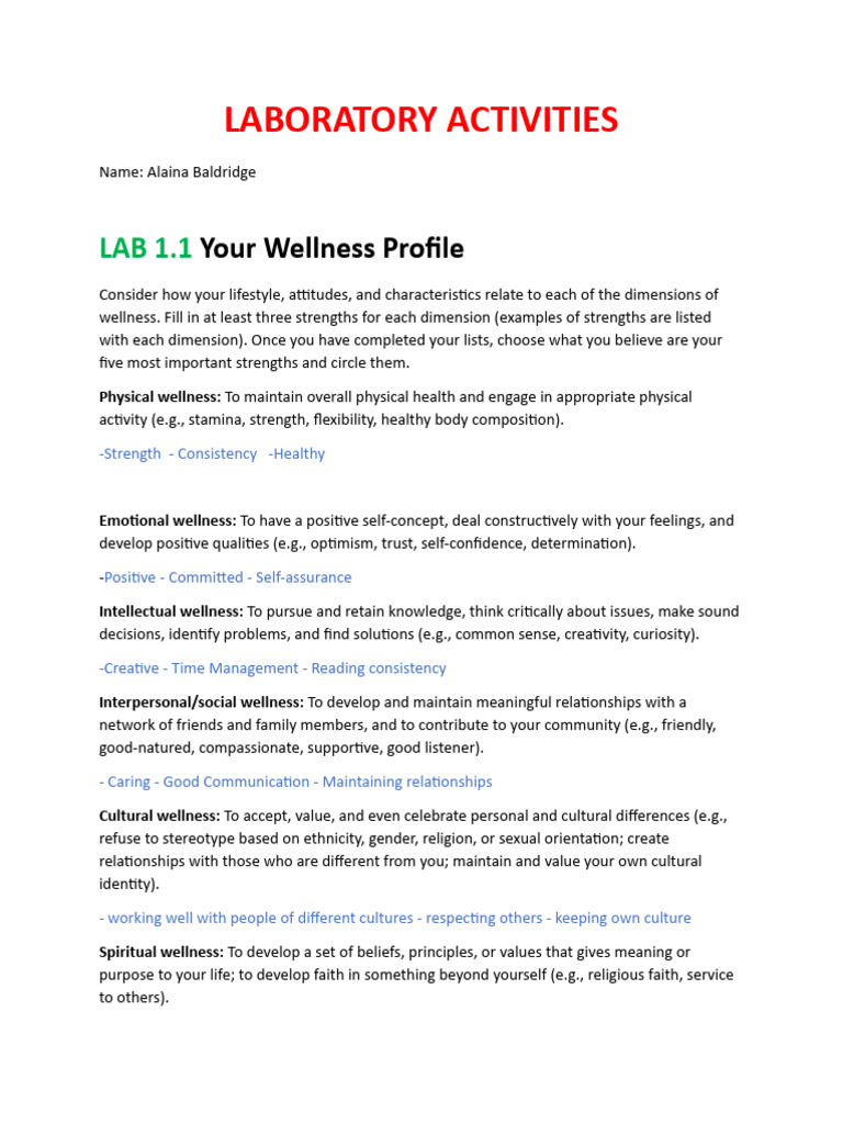 Lab1.1 Wellness Profile | PDF | Psychology | Social Psychology