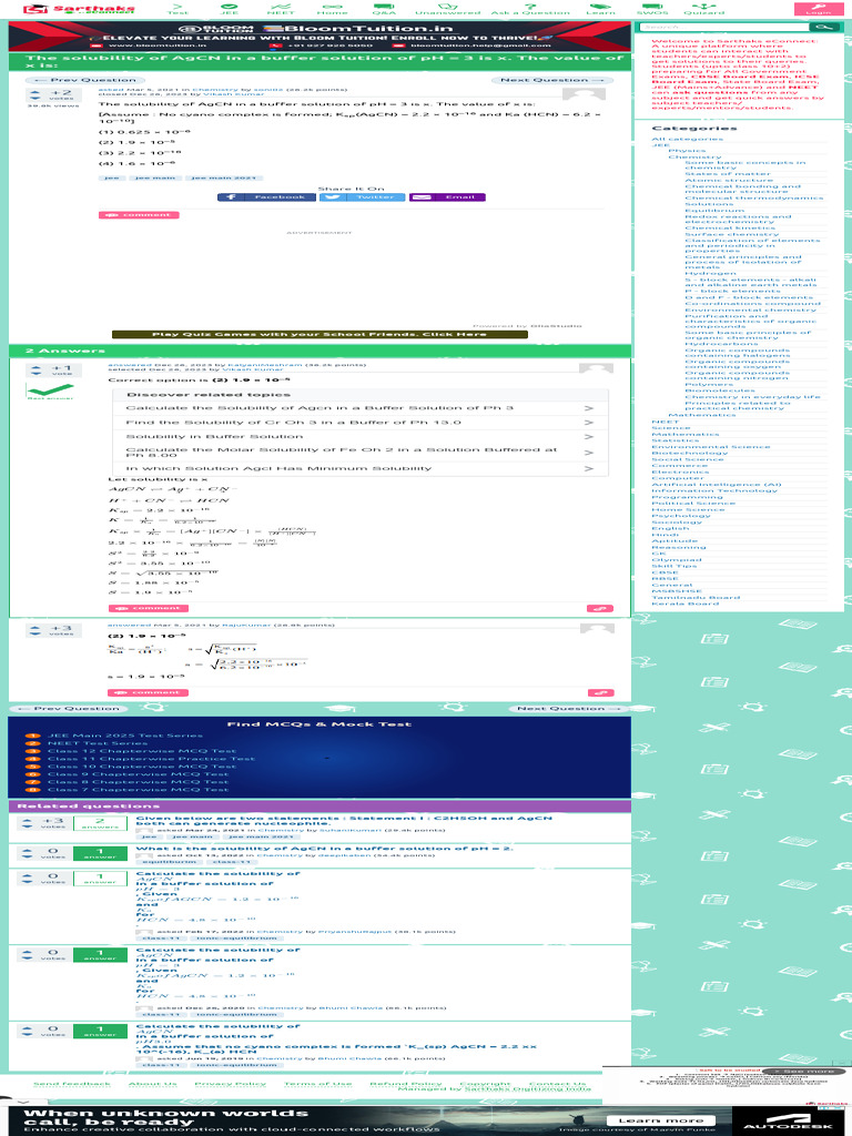 The Solubility of AgCN in A Buffer Solution of PH 3 Is X. The Value of ...