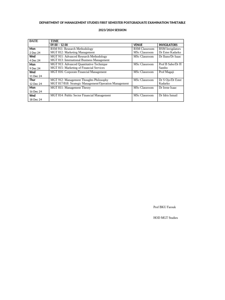 Department of Management Studies First Semester Exam Timetable 2023 ...