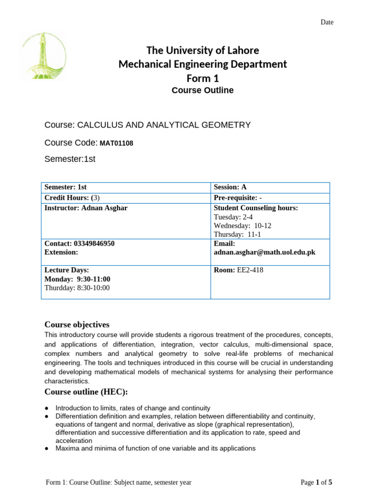 Form 1 Course Outline Template | PDF | Integral | Function (Mathematics)
