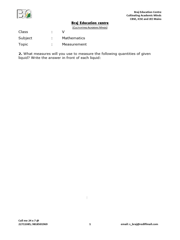 Class 5 Measurement Worksheet | PDF | Litre