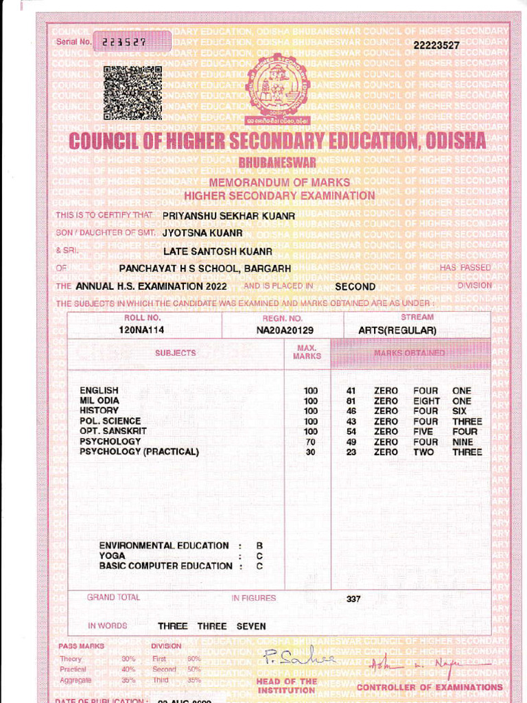12th Marksheet | PDF