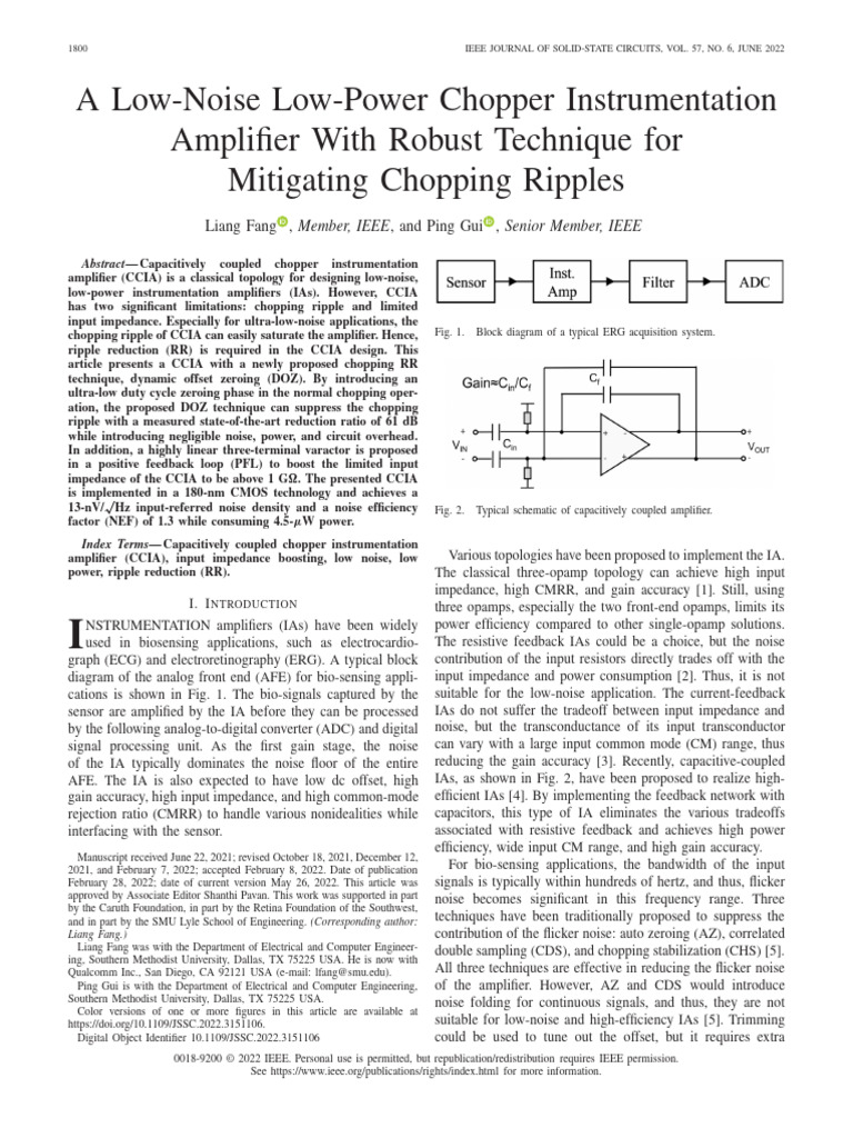 A Low-Noise Low-Power Chopper Instrumentation Amplifier With Robust Technique For Mitigating ...