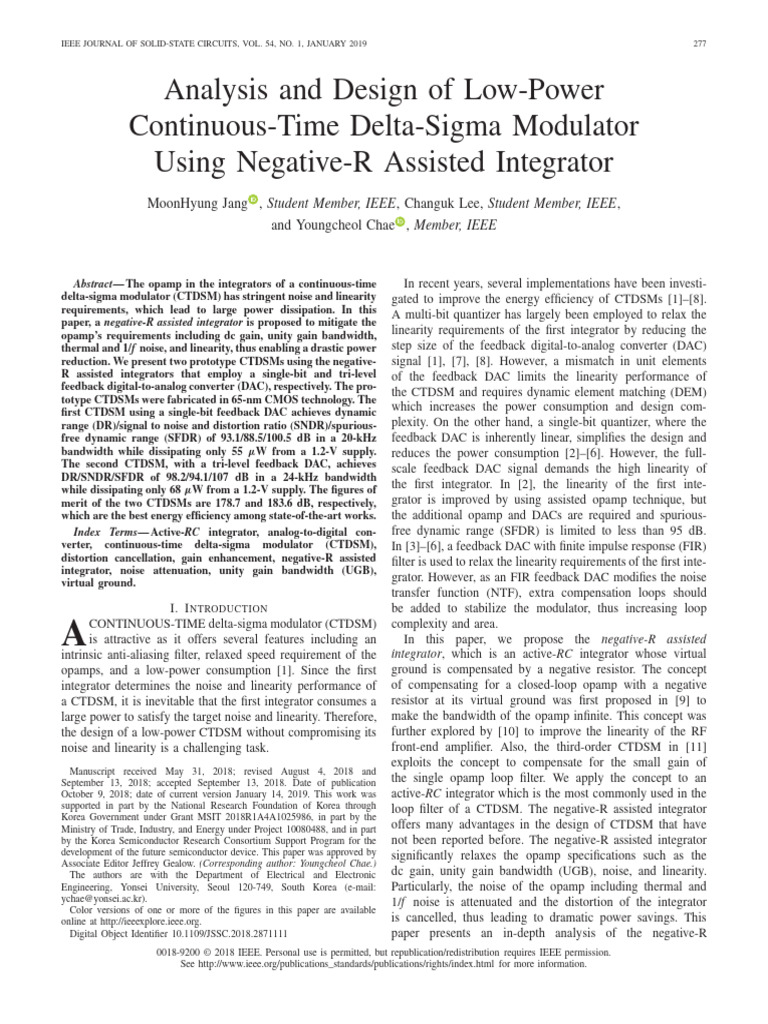 Analysis and Design of Low-Power Continuous-Time Delta-Sigma Modulator Using Negative-R Assisted ...