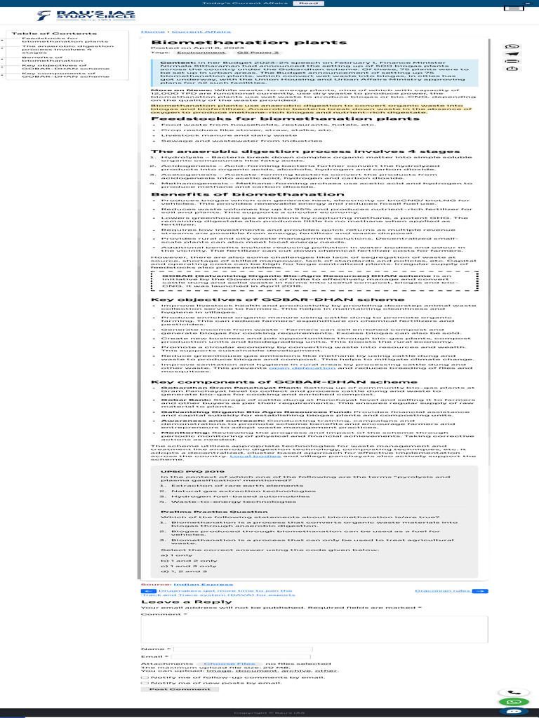 Biomethanation Plants - Rau's IAS | PDF | Biogas | Anaerobic Digestion