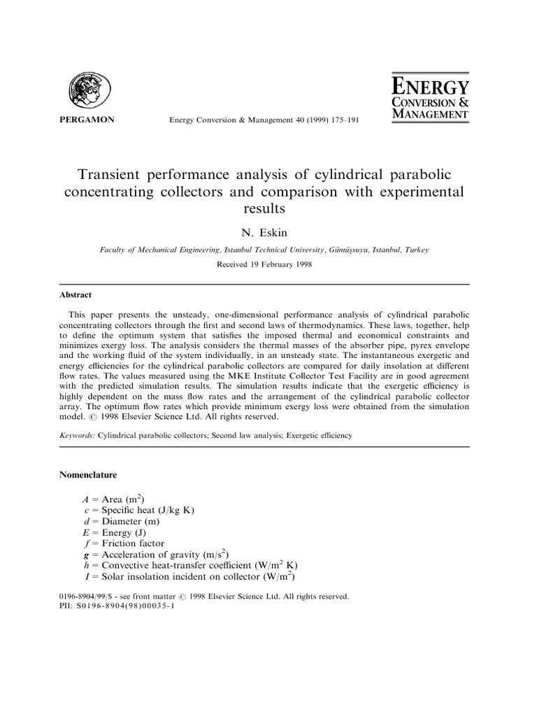 Transient Performance Analysis of Cylindrical Parabolic | PDF | Exergy | Heat
