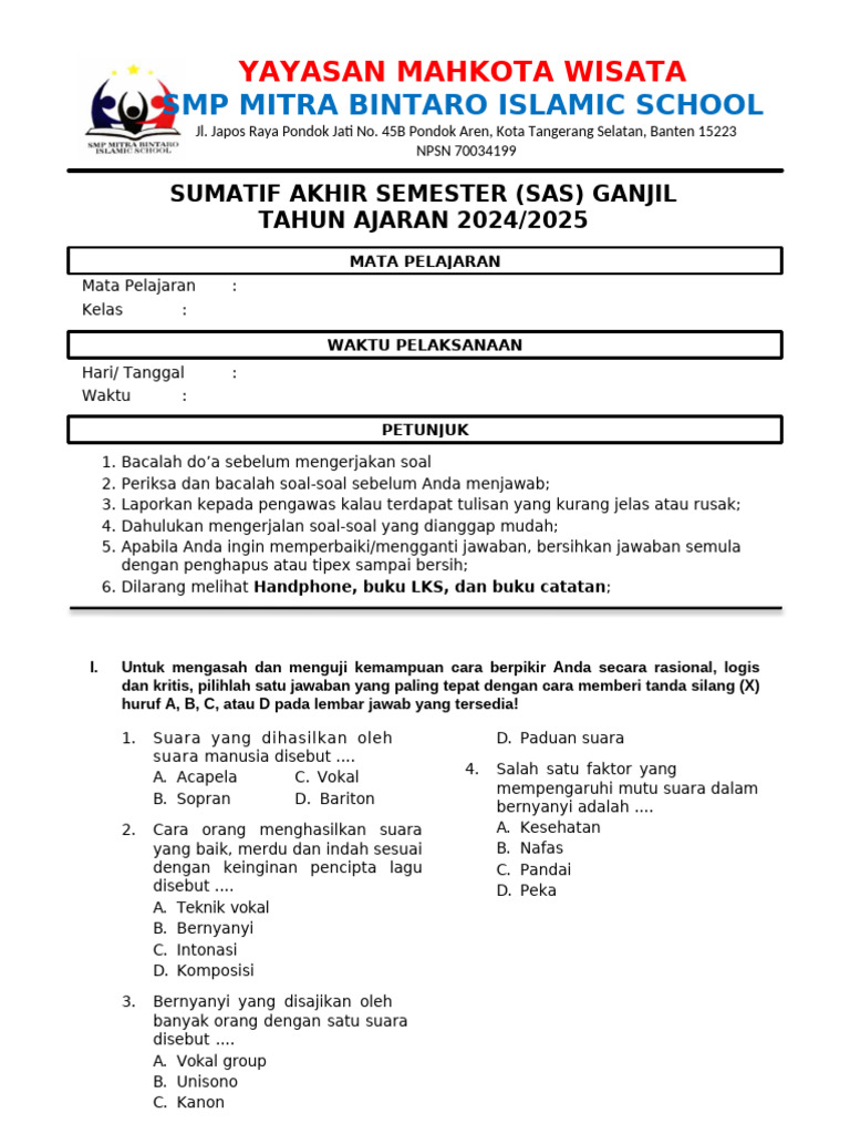 Soal SAS SBK Kelas 7 Ganjil 2024-2025 | PDF