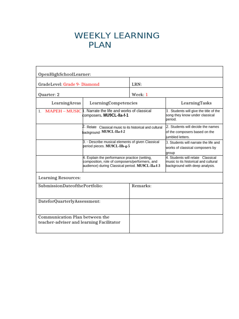 Weekly Learning Plan Mapeh 9 2nd | PDF | Substance Dependence | Substance Abuse