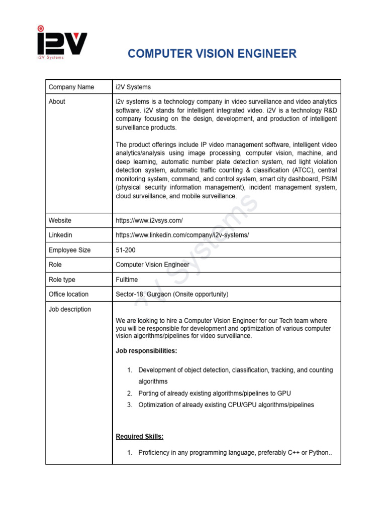JD - Computer Vision Engineer | PDF | Computer Vision | Surveillance