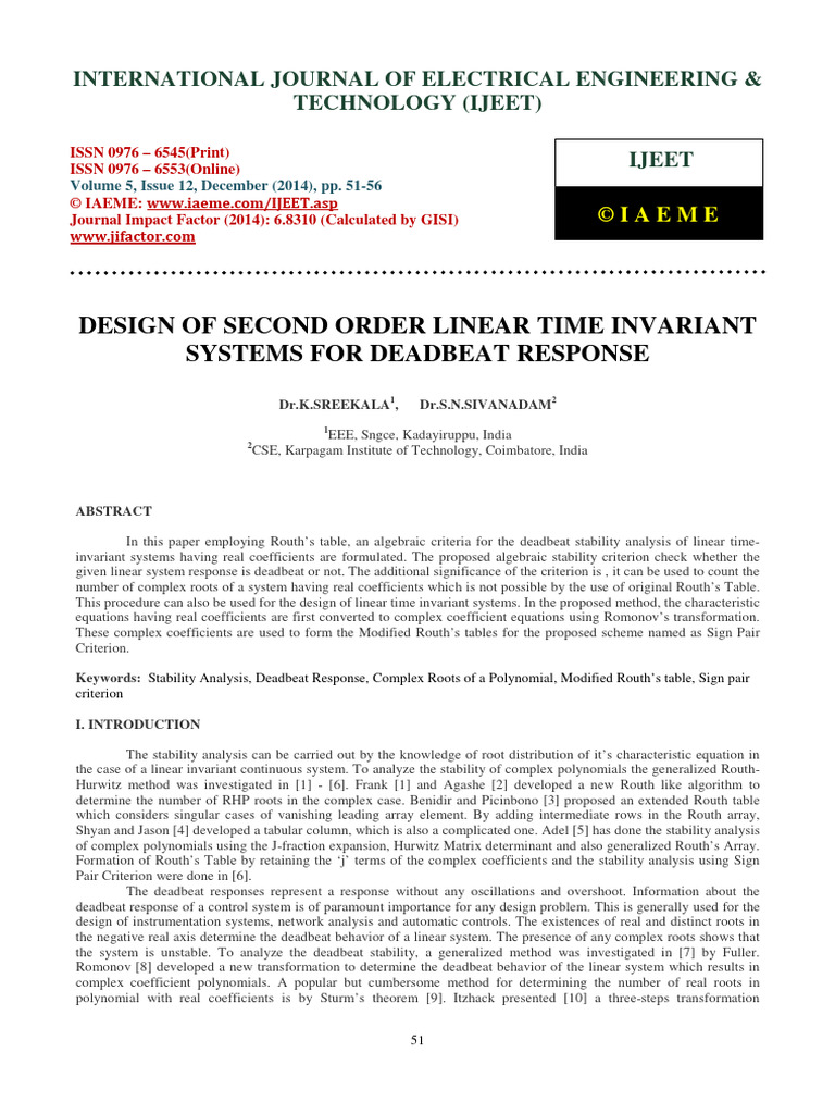 Ijeet Design of Second Order Linear Time Invariant Systems For Deadbeat Response-2 | PDF ...