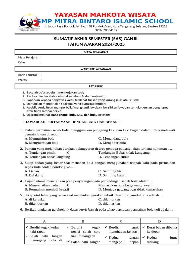 Soal PAS PJOK Kelas 8 GAnjil 2024-2025 | PDF