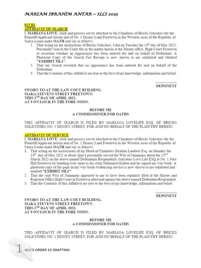 Mia Drafting Civil Procedure | PDF | Affidavit | Summons