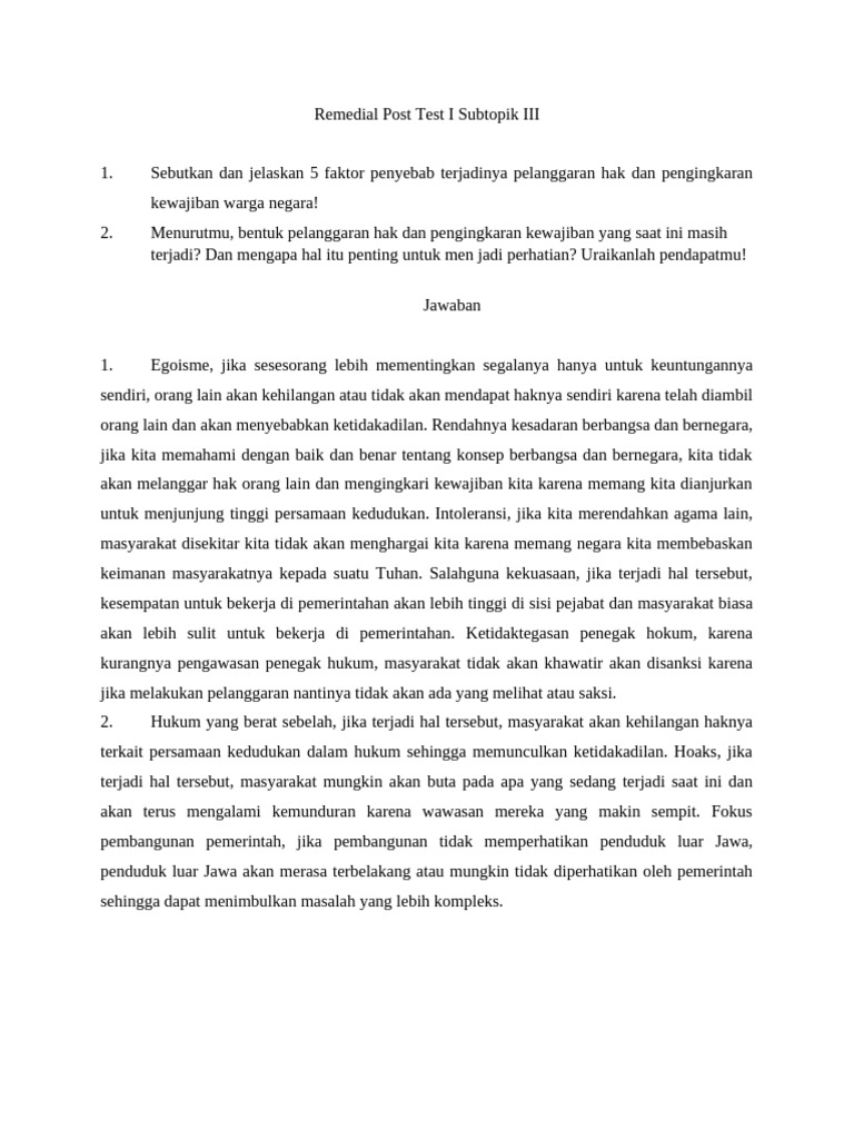 Remedial Post Test I Subtopik III | PDF