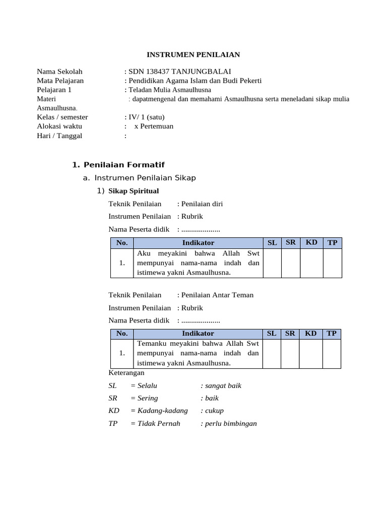 Instrumen Penilaian PAI Kelas 4 Ganjil 2023-2024 | PDF