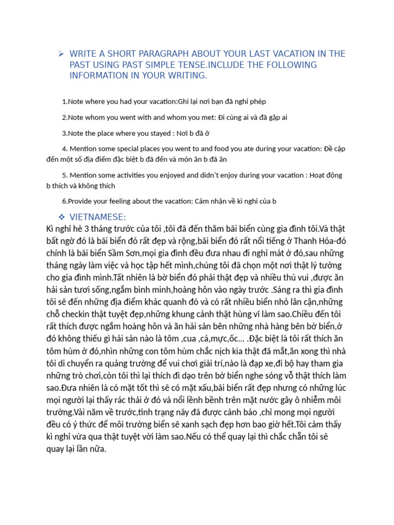 Write A Short Paragraph About Your Last Vacation in The Past Using Past ...
