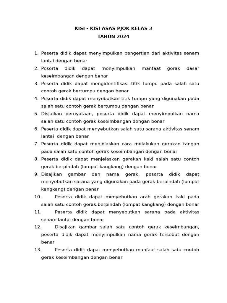 Kisi - Kisi Asas Pjok Kelas 3 | PDF