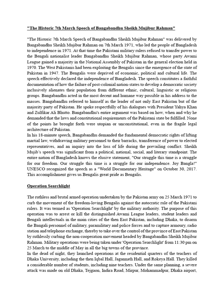 7th March, Operation Searchlight | PDF | Pakistan | Bangladesh