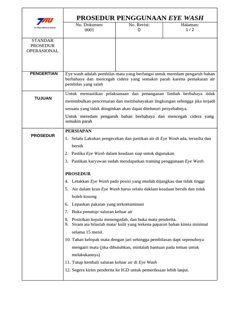 Prosedur Penggunaan Eye Wash | PDF