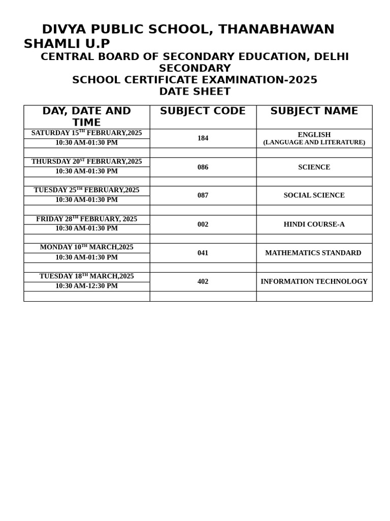 Divya Public School 10 Date Sheet | PDF