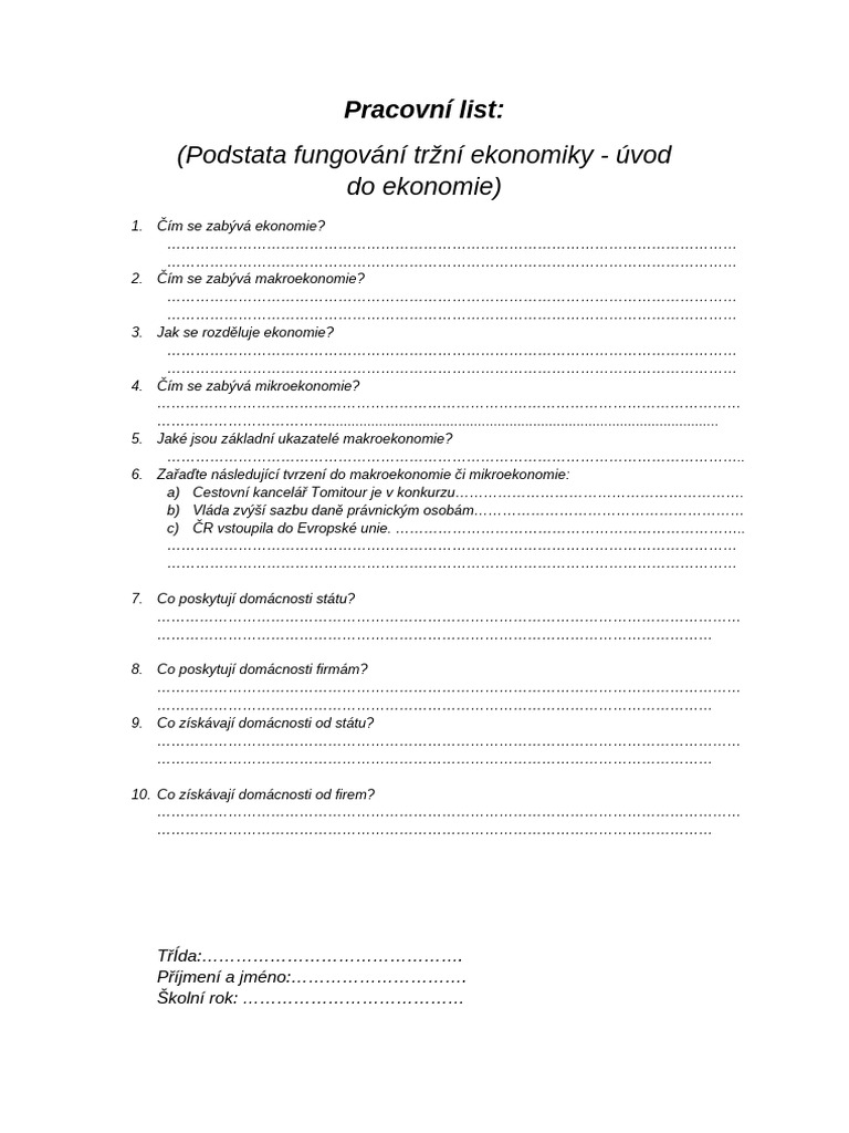 Pracovni List 1.uvod Do Ekonomiky | PDF