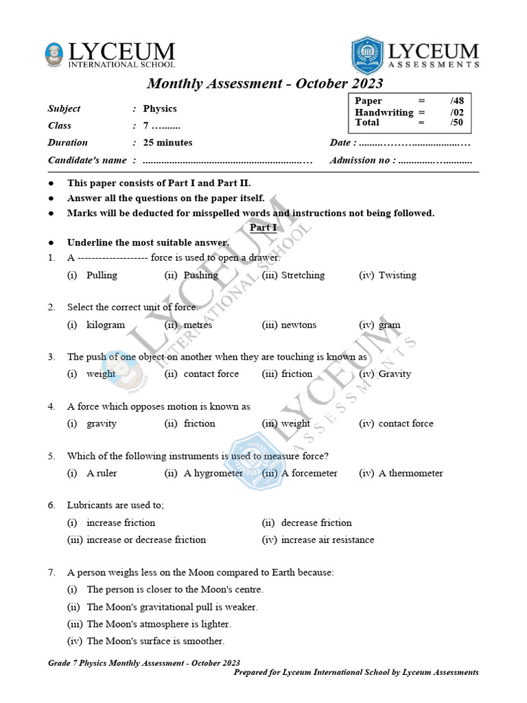 Grade 7 Physics | PDF | Force | Weight