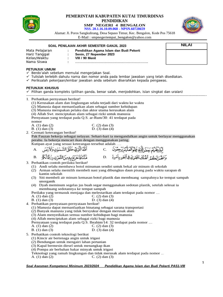 Soal AKM PAI VIII PAS1 2023 | PDF