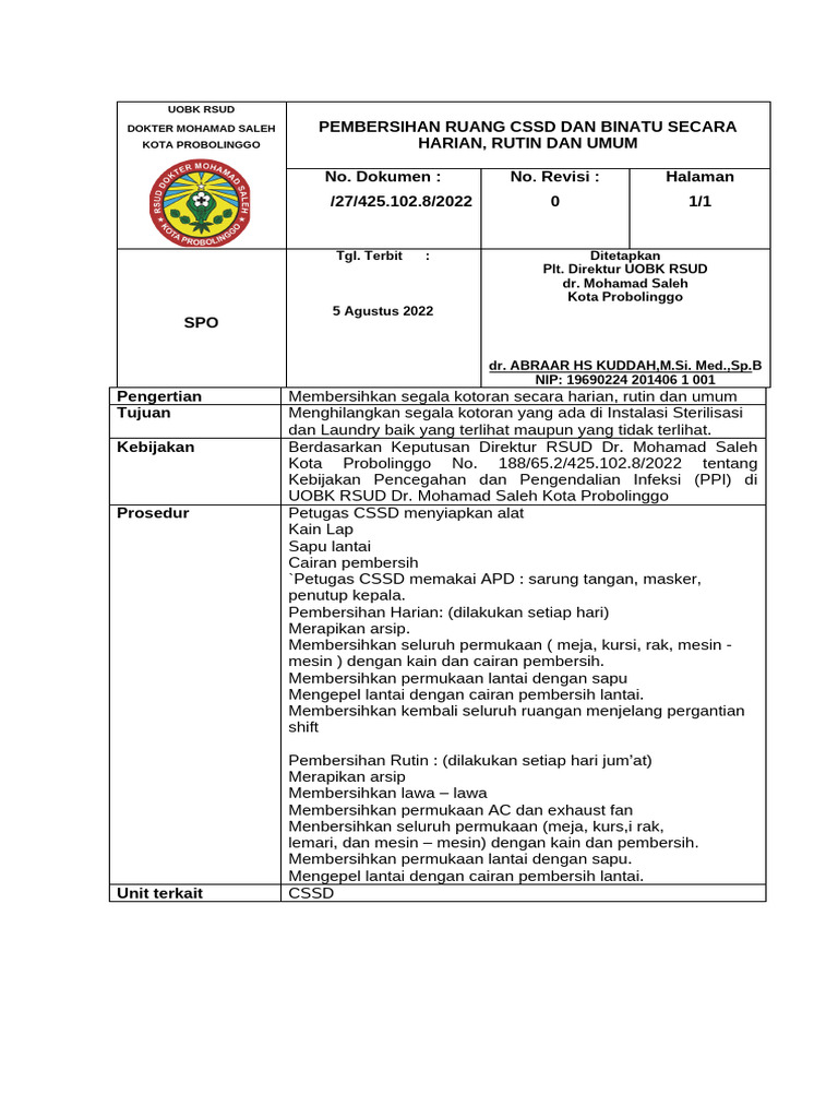 11.pembersihan Ruang CSSD Dan Binatu Secara Harian Rutin Dan Umum | PDF