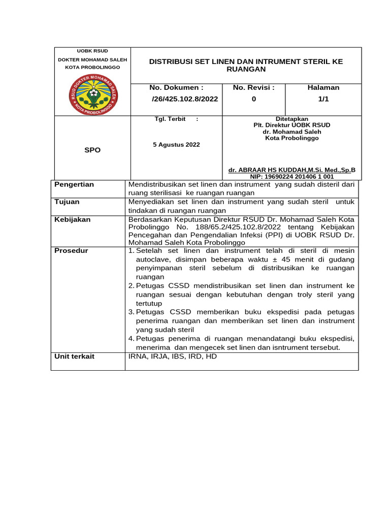 Distribusi Set Linen Dan Instrumen | PDF