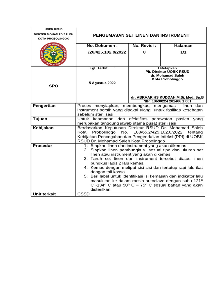 Pengemasan Linen & Instrumen RS Probolinggo | PDF
