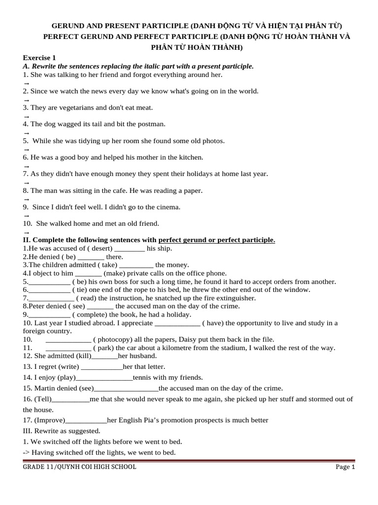 Gerunds and Participles Exercises Guide | PDF