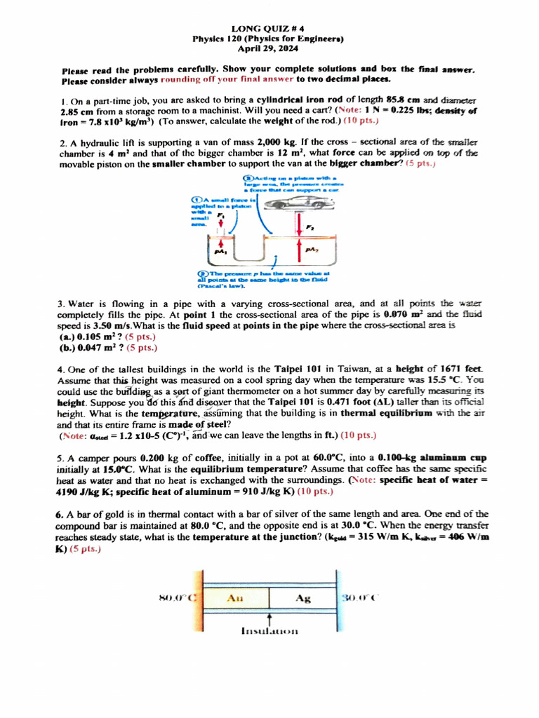 Physics 120 QUIZ 4 SET A WITH SOLUTIONS AND ANSWERS | PDF | Heat ...