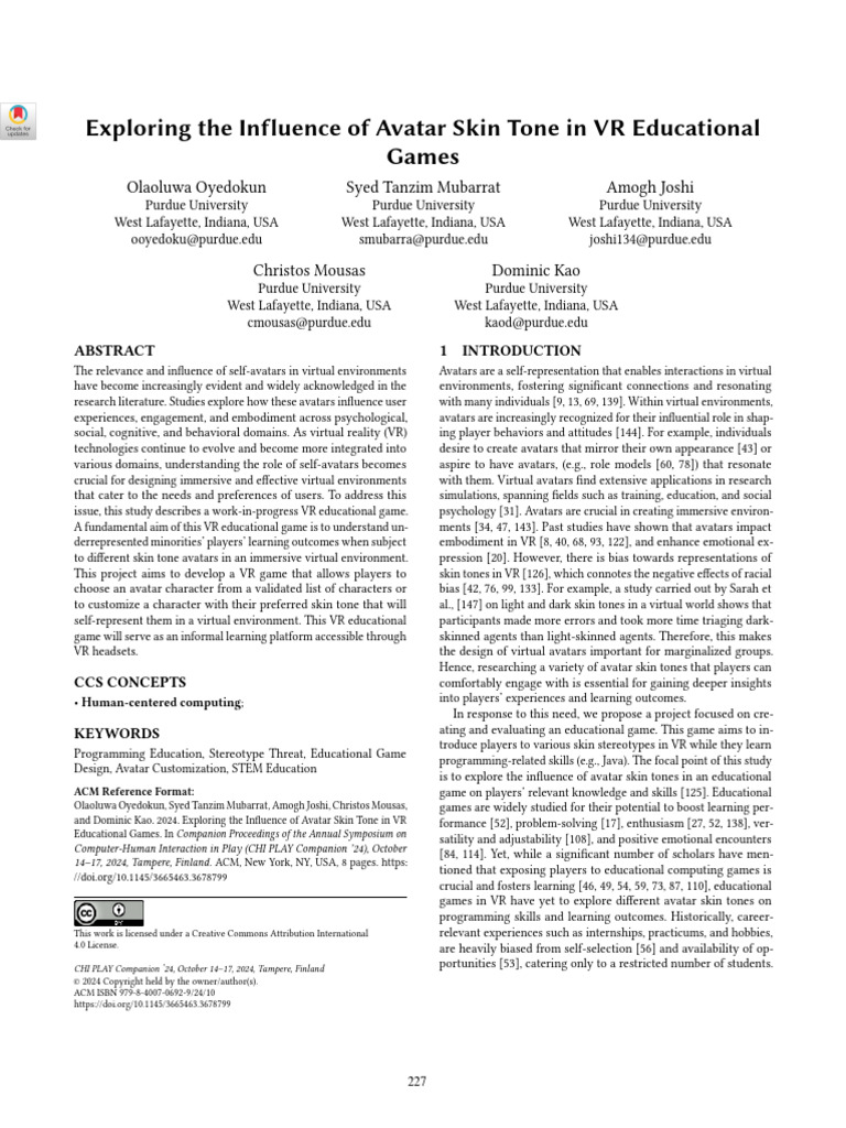Exploring The Influence of Avatar Skin Tone in VR Educational Games ...