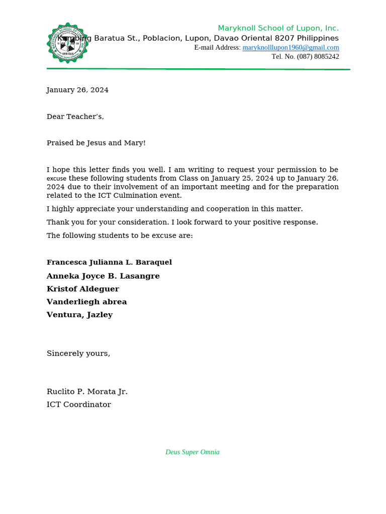 Excuse Letter for Student Absences | PDF