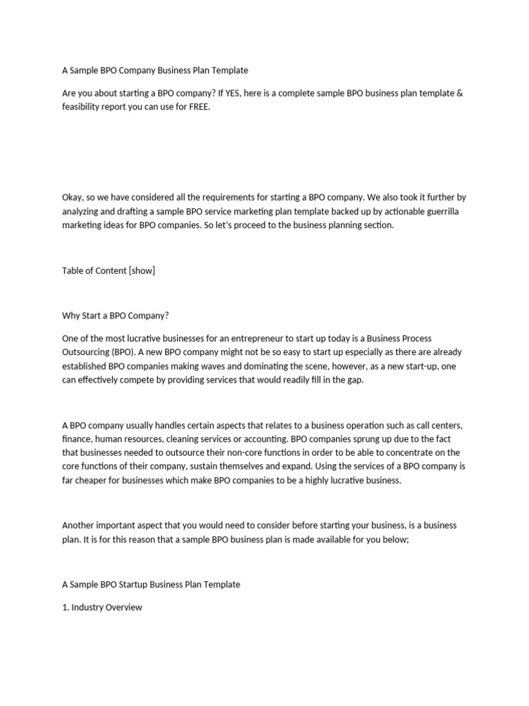 A Sample BPO Company Business Plan Template | PDF | Outsourcing ...