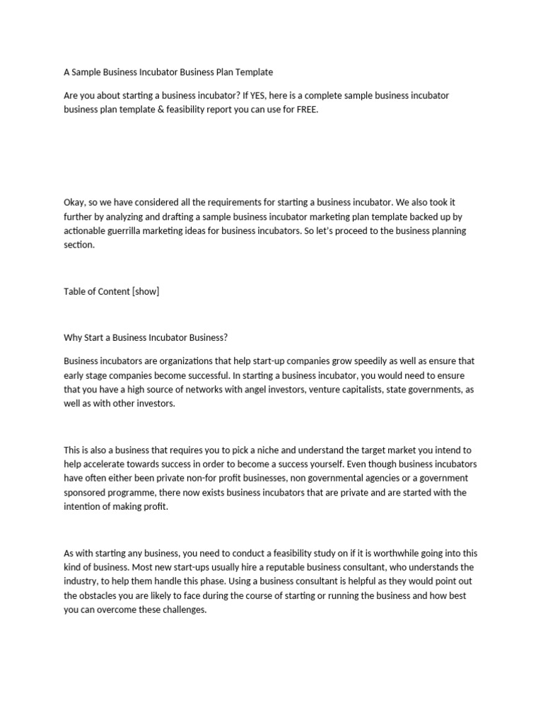 Sample Business Incubator Plan Template | PDF | Startup Company | Small ...