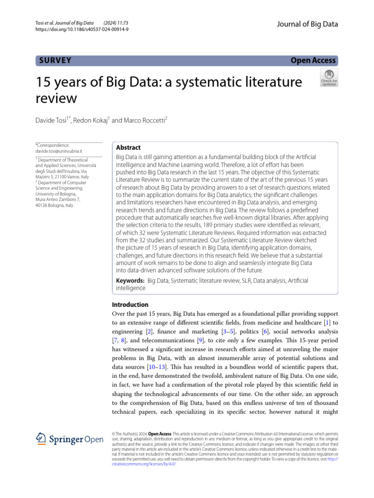 15 Years of Big Data: A Systematic Literature Review: Open Access Survey | PDF | Big Data ...