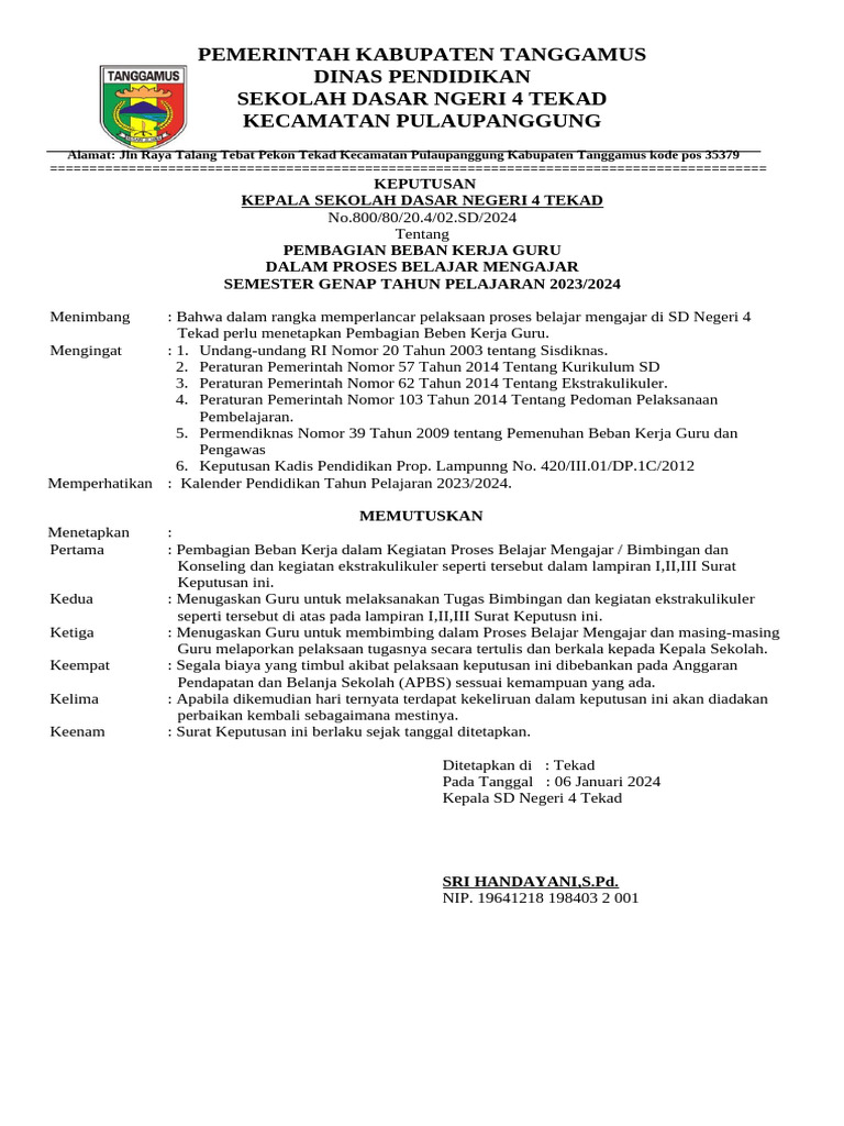 Pembagian Beban Kerja Guru SD 4 Tekad | PDF