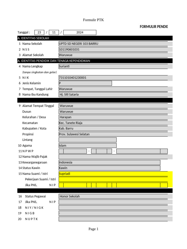 Formulir GTK 01 untuk PTK | PDF