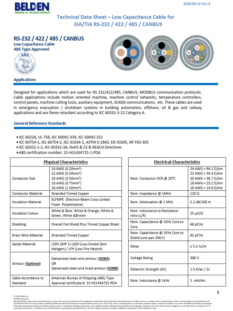 Belden Low Capacitance Cable Data Sheet | PDF | Electrical Conductor ...