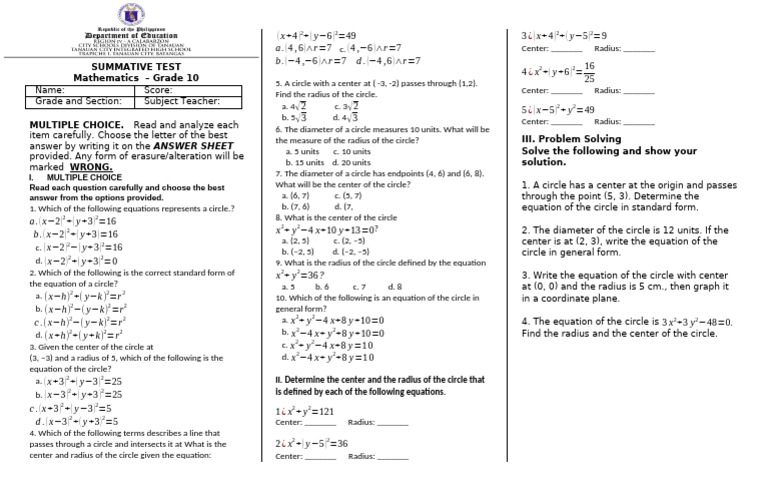 Circle Equation Multiple Choice Quiz | PDF | Circle | Multiple Choice