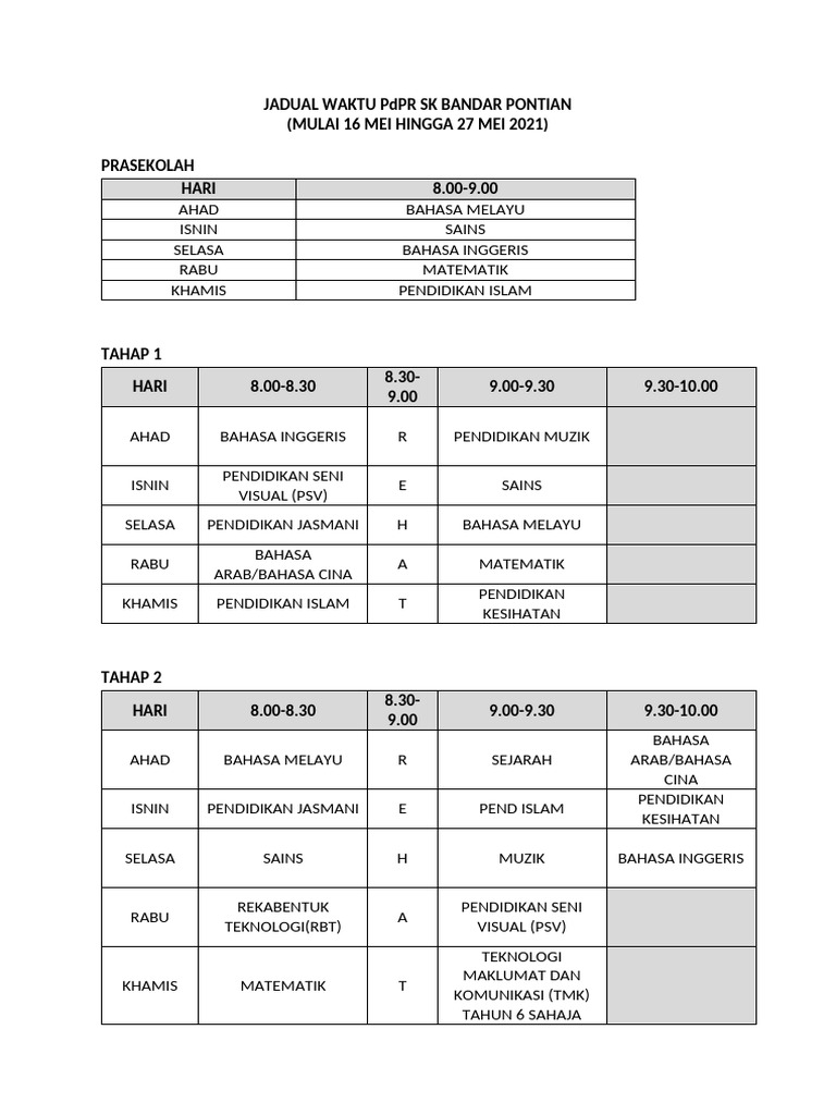 Jadual PPDPR 16 Mei Hingga 27 Mei 2021 | PDF