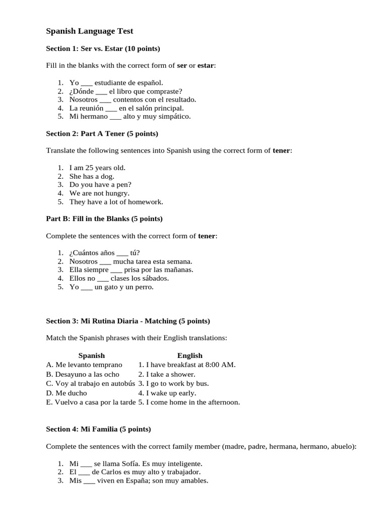 Spanish Test UNIDAD 1&2 | PDF