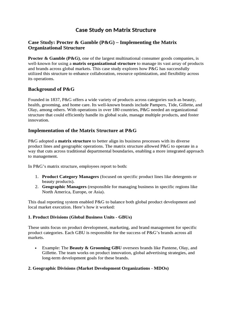 Case Study On Matrix Structure | PDF | Procter & Gamble | Brand