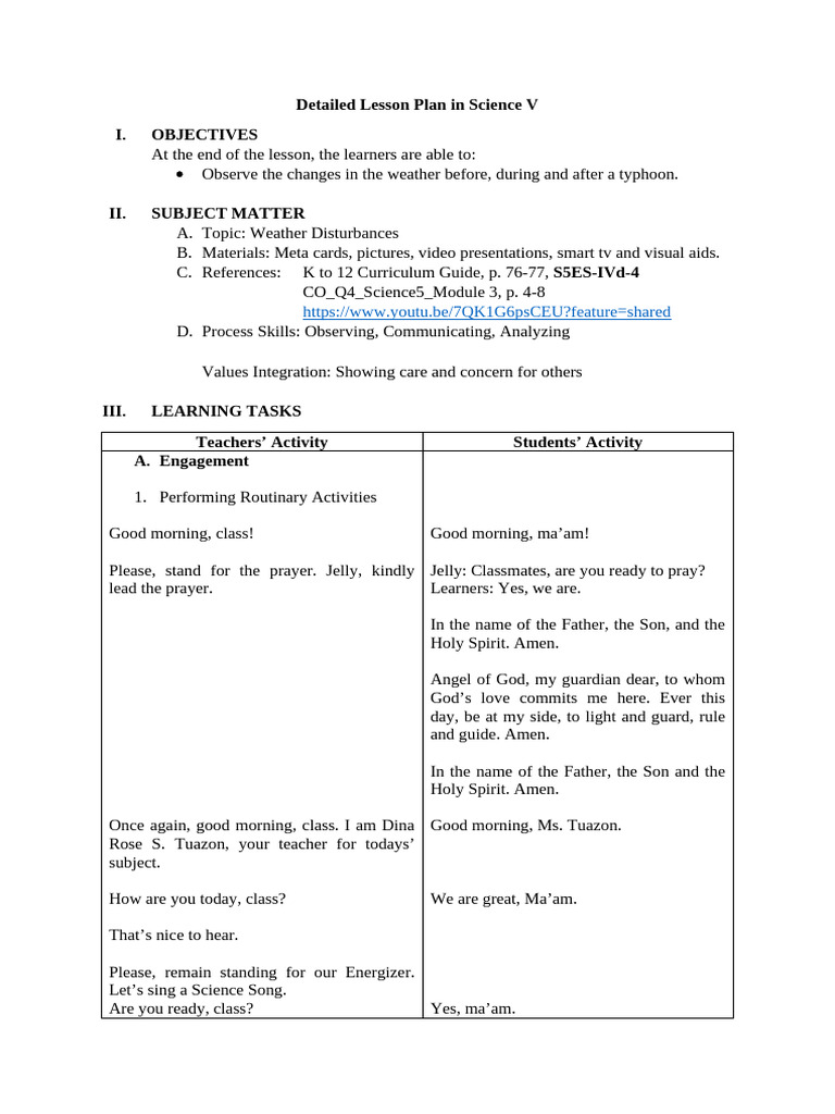 Detailed Lesson Plan in Science 5-1 | PDF | Tropical Cyclones | Weather