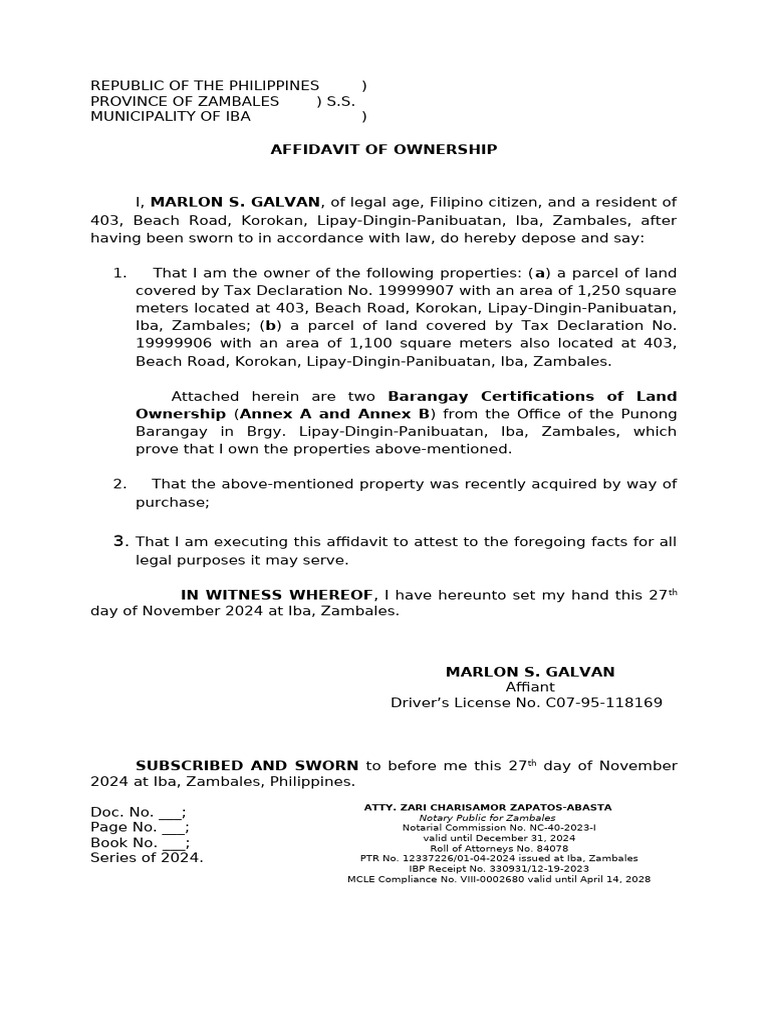 Property Ownership Affidavit | PDF